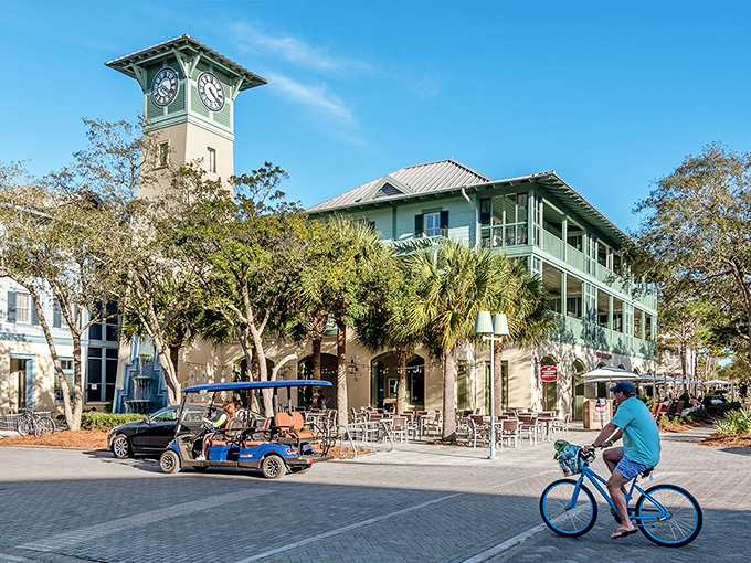 Downtown WaterColor's iconic clock tower stands sentinel over cobblestone streets where bicycles outnumber cars and nobody's in a hurry anyway.