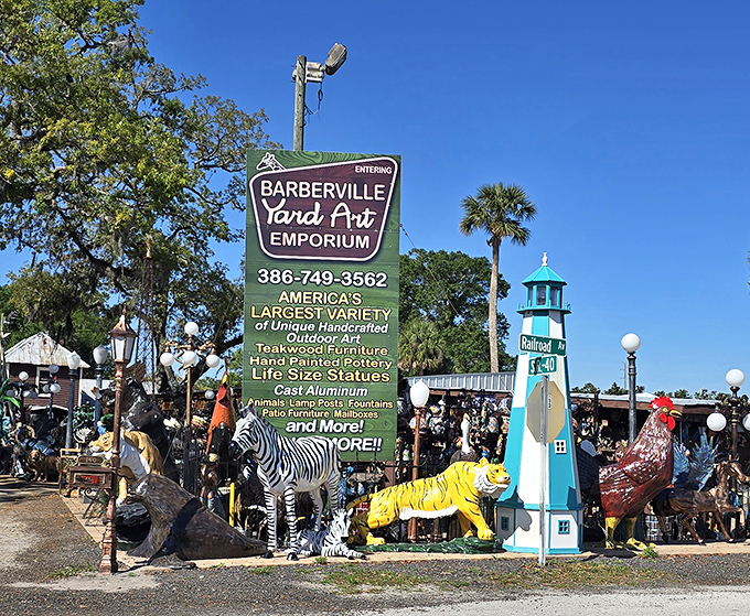 The welcoming sign promises America's largest variety of yard art treasures, with colorful animal statues standing guard.