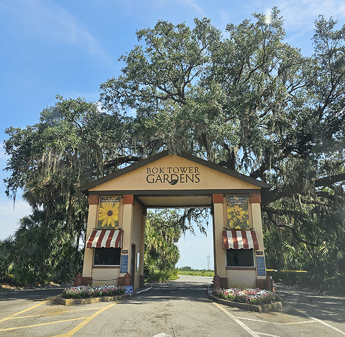 Welcome to paradise! The entrance to Bok Tower Gardens promises botanical wonders beyond those striped awnings.