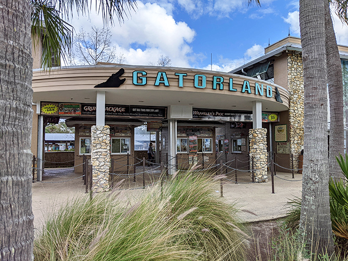 Gatorland's entrance beckons with retro charm and the promise of reptilian adventures – like stepping into a Florida postcard from the 1950s.