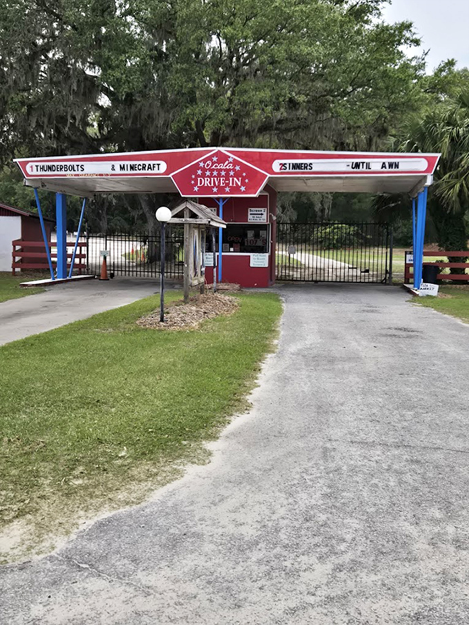 Red, white, and blue entrance gate welcomes movie lovers with its vintage marquee &ndash; the perfect prelude to an evening of cinematic delight.