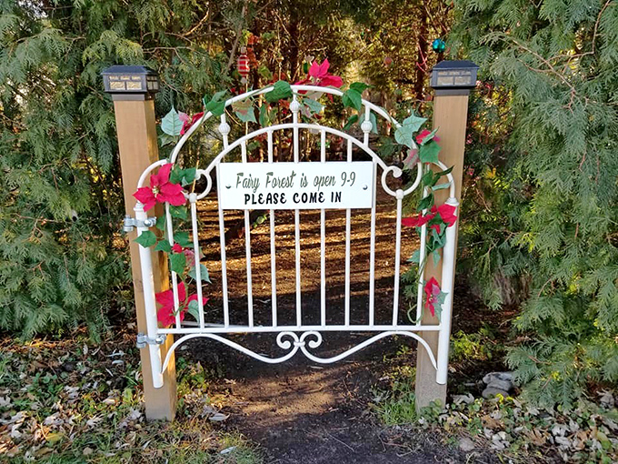 Entrance Gate: "Fairy Forest is open 9-9" - the most enchanting business hours in Michigan, with no membership card required.
