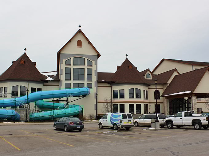 The Bavarian-inspired exterior architecture cleverly disguises the tropical paradise waiting inside, like a mullet for buildings.
