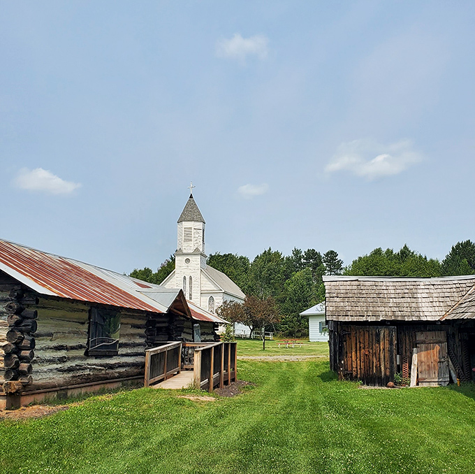 Front View: Pioneer buildings stand sentinel against Michigan skies, like a historical neighborhood where the neighbors all disappeared but left their stories behind.