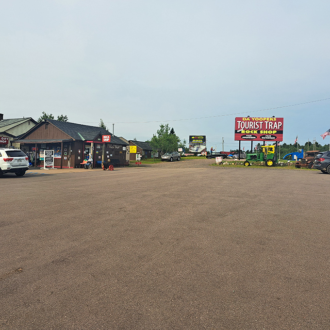 The welcoming facade of Da Yoopers Tourist Trap promises "Free Admission" and "Free Bathrooms" &ndash; because nothing says hospitality like complimentary toilet access in Michigan's Upper Peninsula.