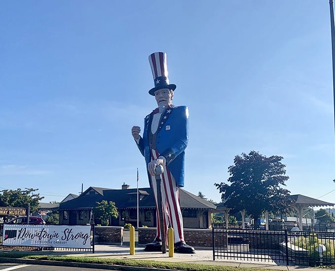 Front View: Uncle Sam's stern gaze and pointing finger recreate the iconic recruiting poster in three-dimensional, super-sized glory.