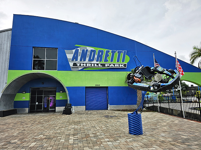 A go-kart sculpture dramatically mounted outside the entrance sets the tone for the speed-demon satisfaction awaiting visitors.
