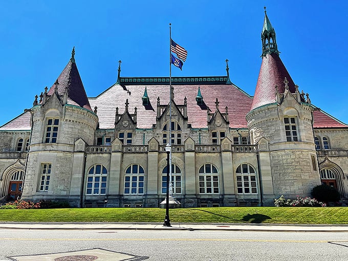 These turrets aren't messing around, this is what post offices looked like when mail delivery was considered noble work worthy of architectural grandeur.