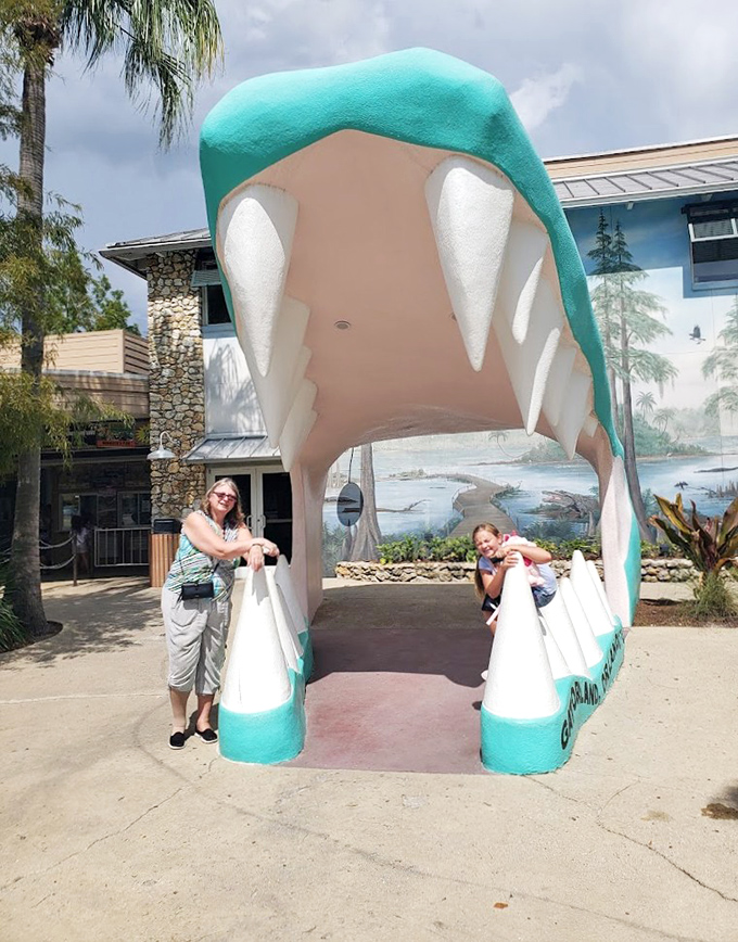 Step into the jaws of Florida's quirkiest welcome mat, where kitschy charm meets reptilian grandeur in a perfect roadside photo op.