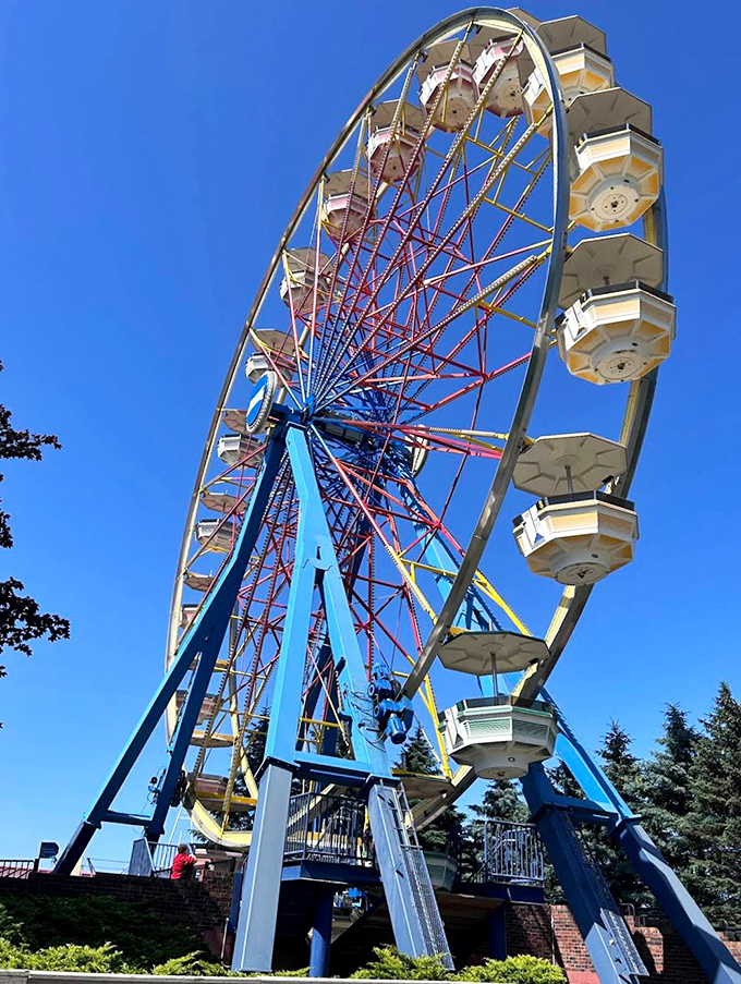 The Giant Gondola Wheel offers a moment of peaceful contemplation high above the park &ndash; until you spot your next thrill ride and the butterflies return.