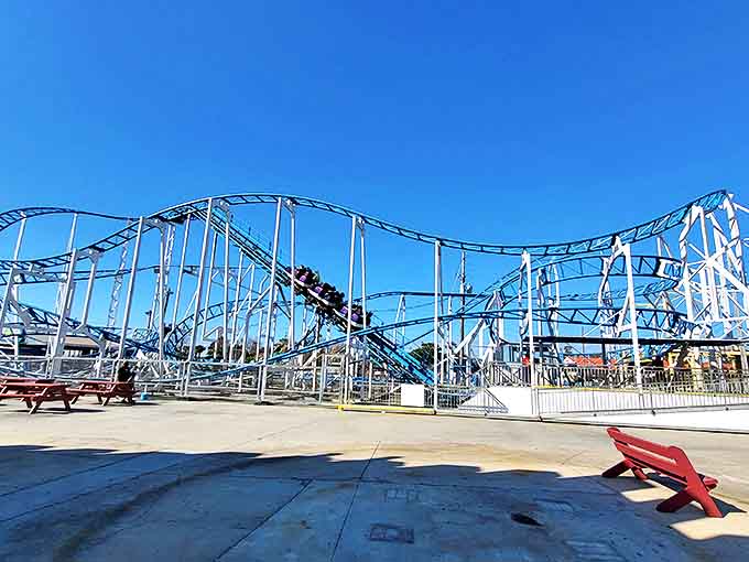 White steel tracks weave a mesmerizing pattern of loops and turns, like a giant's Etch-a-Sketch drawing come to life.