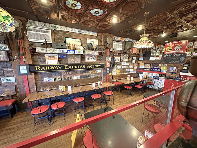 Where nostalgia covers every inch &ndash; license plates, vintage signs, and stained glass create a museum where ice cream is the main exhibit.