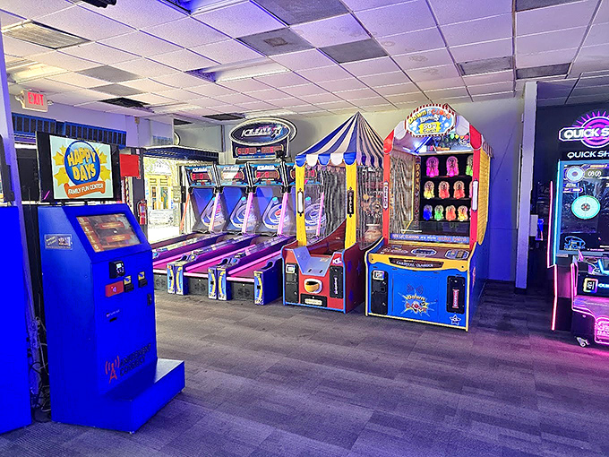 Arcade Interior: The symphony of beeps and boops creates the soundtrack to your childhood memories, while neon lights illuminate faces young and old.