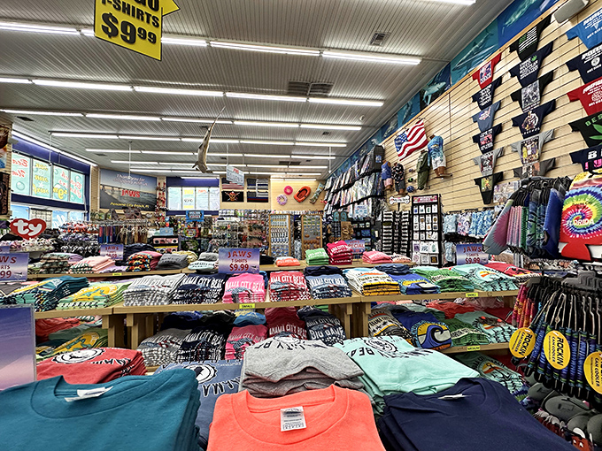 Interior: A treasure trove of beach essentials and whimsical finds awaits inside, organized chaos that somehow makes perfect vacation sense.