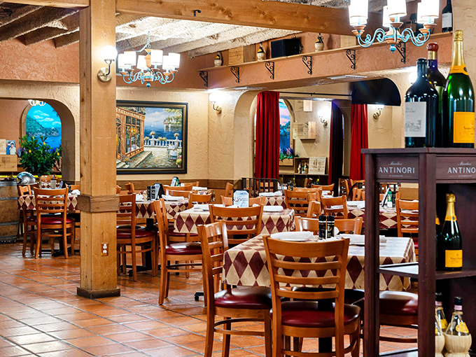 Warm wooden beams and terra cotta tiles create an old-world charm that transports diners straight to an Italian trattoria.