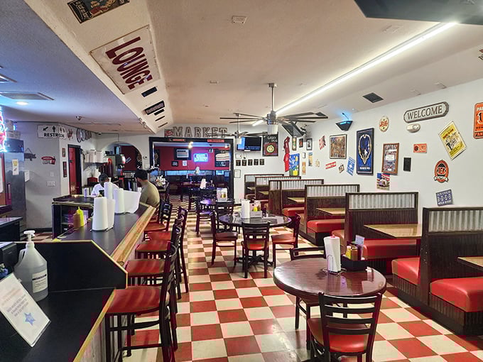 Classic red and white checkered floors set the nostalgic tone in this time-capsule diner where comfort food reigns supreme.