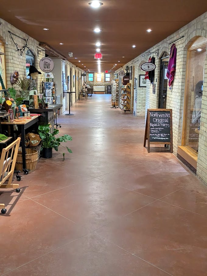 Light illuminates the historic corridor where shoppers now stroll where patients once walked – history and commerce in perfect harmony.