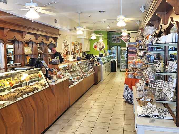 Step inside to a wonderland of confectionery treasures, where wooden display cases showcase handcrafted delights that would make Willy Wonka jealous.