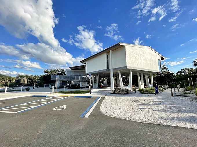Modern meets nature: This stilted welcome center stands ready to greet visitors like a friendly pelican perched above the landscape.