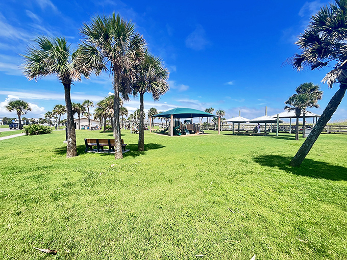 Main Beach Park offers the perfect blend of natural beauty and family-friendly amenities, with swaying palms providing patches of shade for beachgoers.