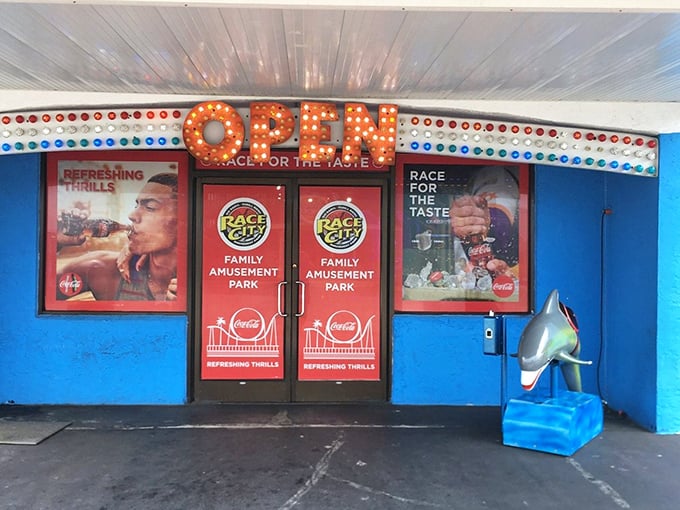 "OPEN" never looked so inviting &ndash; these illuminated doors are basically saying "abandon adulting, all ye who enter here."