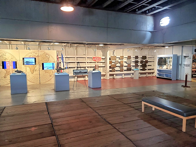 The Maritime Exhibit Hall showcases artifacts and educational displays that bring the ship's wartime service to life.