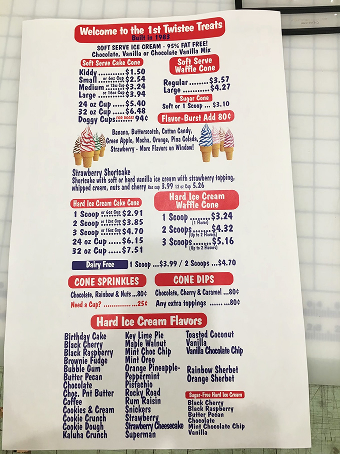 A nostalgic menu board showcases Twistee Treat's impressive array of frozen delights, from classic soft serve to elaborate sundaes &ndash; each promising a delicious escape from reality.