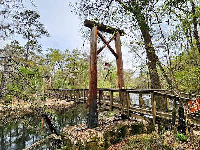Engineering meets nature as sturdy wooden supports anchor this bridge, a testament to CCC craftsmanship that's stood the test of time.