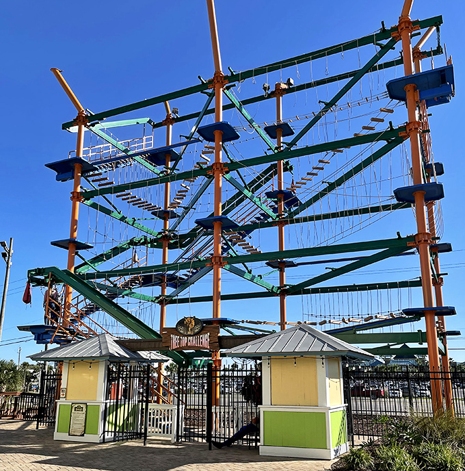 The towering ropes course challenges gravity and courage alike, offering bird's-eye views and heart-pounding thrills for daredevils.