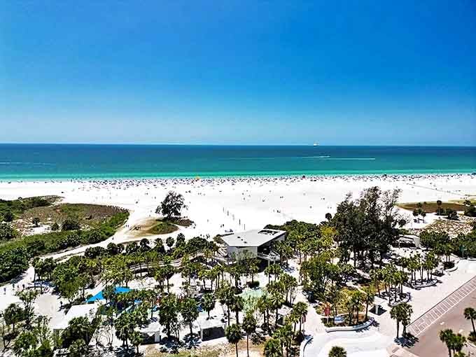 Beach day perfection: Siesta's powdery sand stretches wide enough for everyone to claim their own slice of paradise.