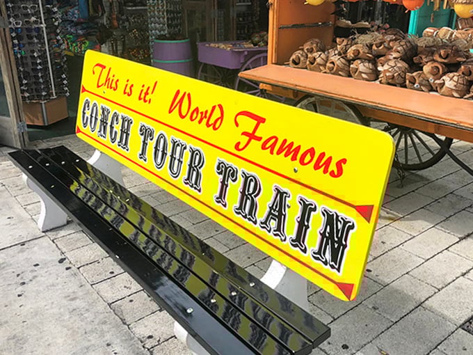 "This is it! World Famous" – the bench proclaims what locals already know: this train ride is a Key West institution.