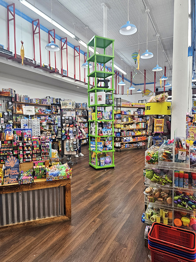 A wonderland of nostalgia where model trains chug along overhead tracks while shelves burst with colorful treasures below.