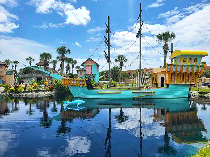 Tropical Pirate Ship: This isn't your average mini-golf prop &ndash; the turquoise pirate vessel looks ready to set sail, complete with masts that reach for Florida's endless blue sky.