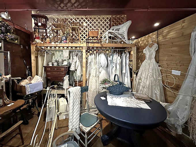 Vintage wedding gowns and formal wear await their second chance at romance, each delicate lace detail telling stories of celebrations past.