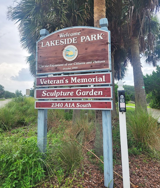 The welcoming gateway to unexpected art adventures &ndash; Lakeside Park's sign hints at the treasures beyond, established for locals and lucky tourists alike.