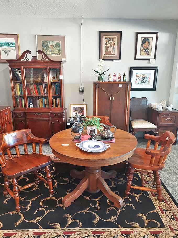 This vintage wooden dining set whispers tales of family gatherings past, its warm patina and sturdy construction putting modern furniture to absolute shame.