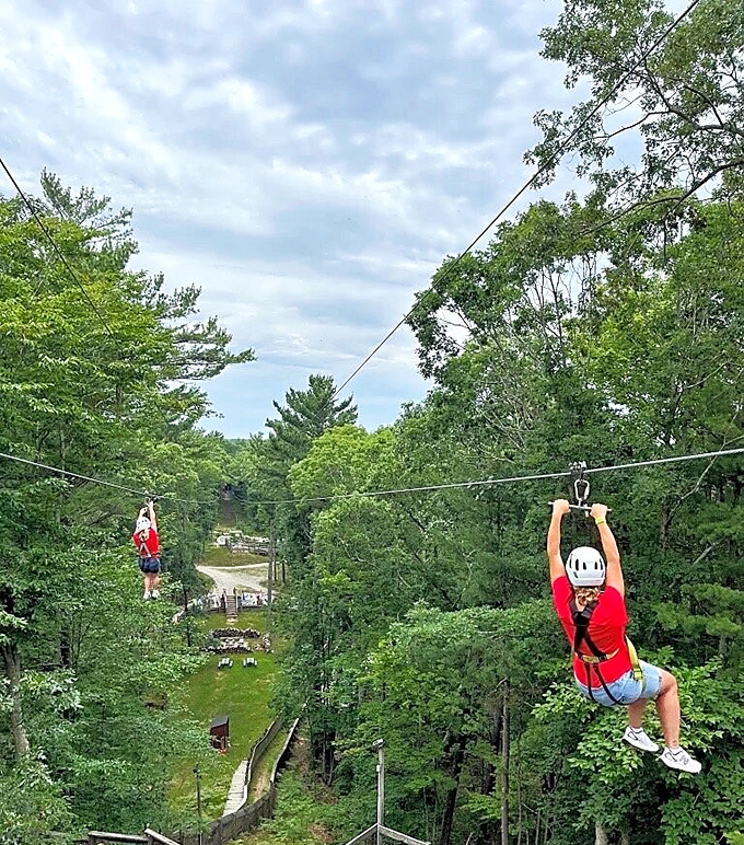 Suspended between earth and sky, zipliners experience Michigan's forests from a squirrel's-eye view – minus the acorn-gathering responsibilities.