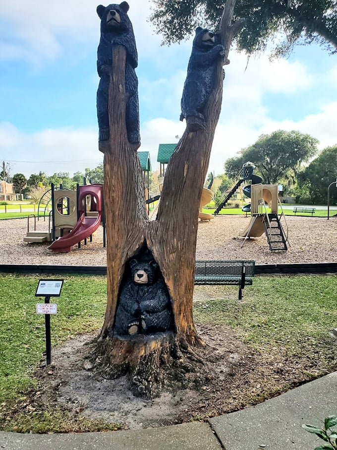 Three bears, carved with remarkable detail, create a family portrait in wood that's both whimsical and wonderfully crafted.