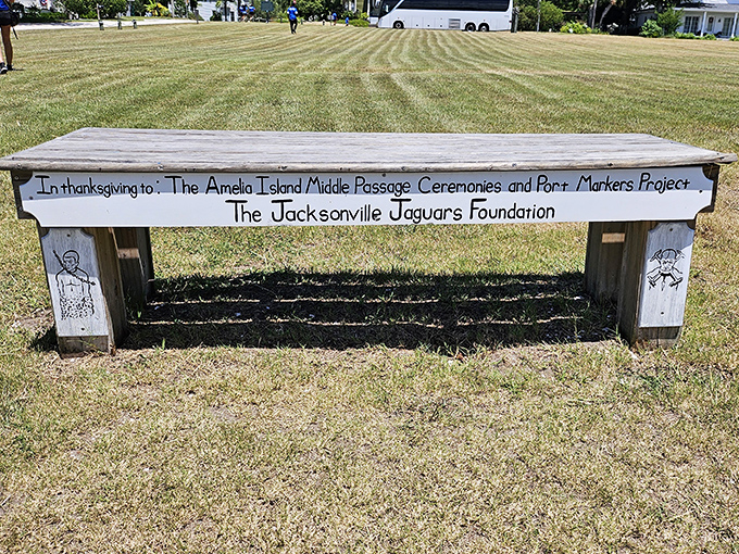 This unassuming bench tells a powerful story, honoring the Amelia Island Middle Passage Ceremonies and acknowledging the area's complex past.
