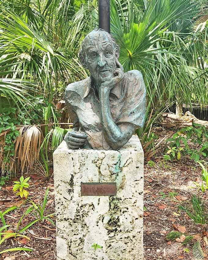 This contemplative bronze bust of John D. MacArthur seems to say, "You're welcome" for the 438 acres of preserved coastal wonder.