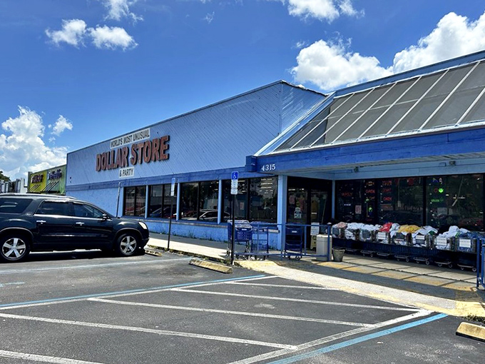 Sunlight bounces off the vibrant storefront, where international flags and eclectic merchandise hint at treasures waiting inside.