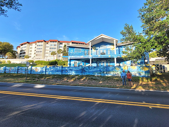 The full view reveals how completely the artistic vision envelops the property, with "The Starry Night" wrapping around every surface like a cosmic embrace.