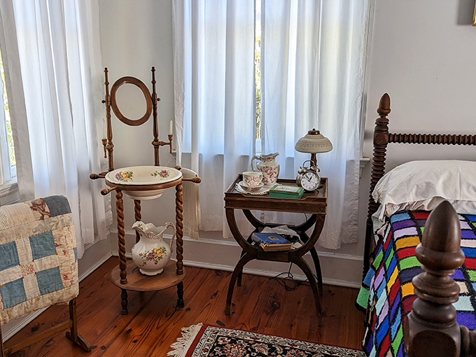Victorian elegance captured in every detail &ndash; from the ornate washstand to the delicate tea set, this bedroom whispers tales of a more genteel era.