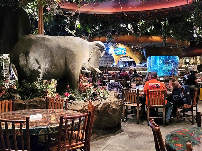 Dine under the watchful gaze of life-sized elephants while ambient jungle sounds transform your meal into a safari with silverware.