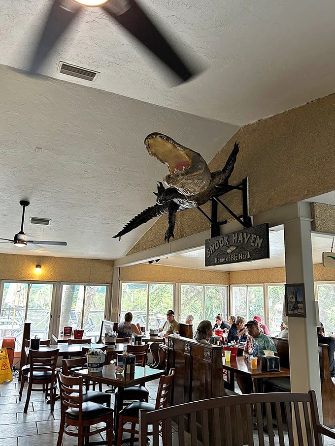 Look up and say hello to the resident alligator watching over diners &ndash; a reminder you're dining in wild Florida territory.