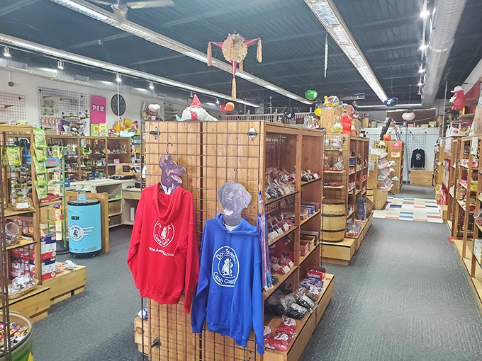 Wooden shelves create canyons of confectionery wonder, where self-control goes to die and your inner child runs wild.