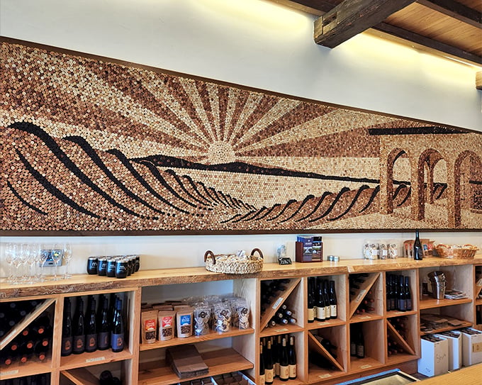 A cork mosaic tells the vineyard's story in thousands of tiny pieces &ndash; proof that even the simplest materials can become extraordinary with vision and patience.