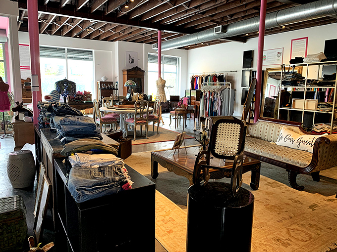 Exposed beams meet polished floors in this airy interior that feels more like a stylish friend's loft than a thrift store &ndash; treasure hunting elevated to an art form.