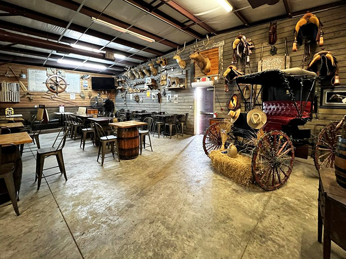 Step inside and time slows down &ndash; wagon wheels, wooden barrels, and a horse-drawn carriage create an atmosphere no designer could replicate.