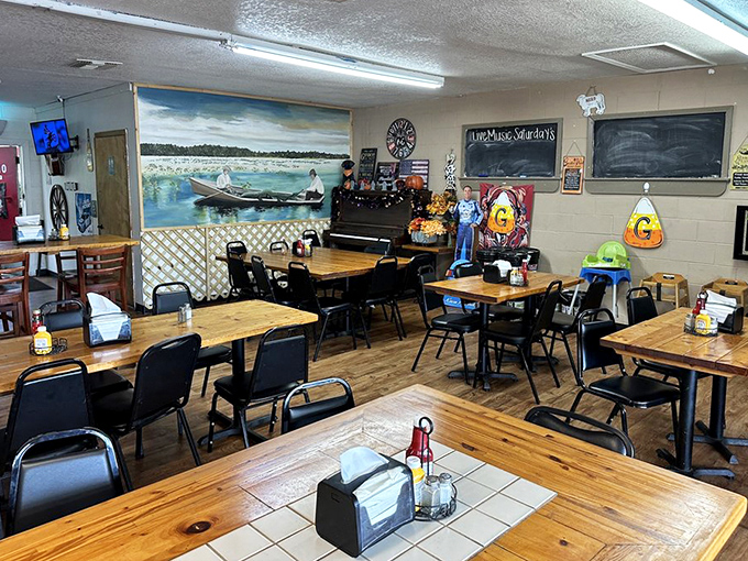 Wooden tables, lake murals, and zero pretension &ndash; this dining room feels like Sunday morning at your favorite aunt's house.